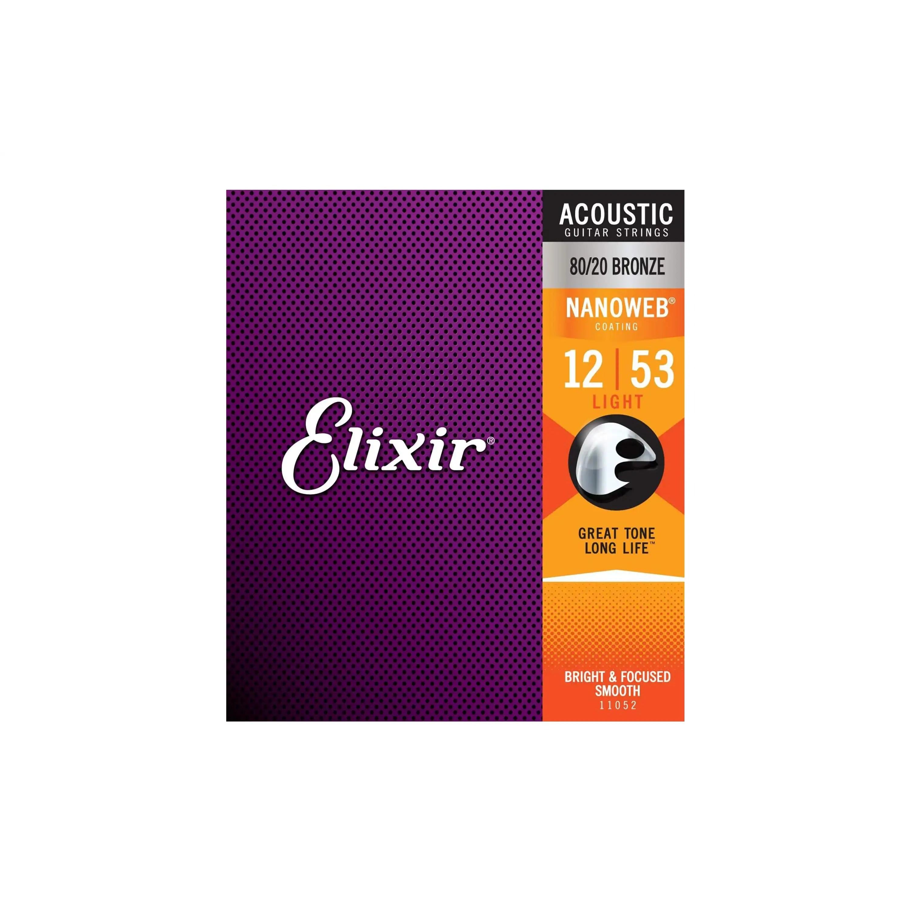 Elixir 11052 Nanoweb 80/20 Bronze Acoustic Guitar Strings - Light .012 ...
